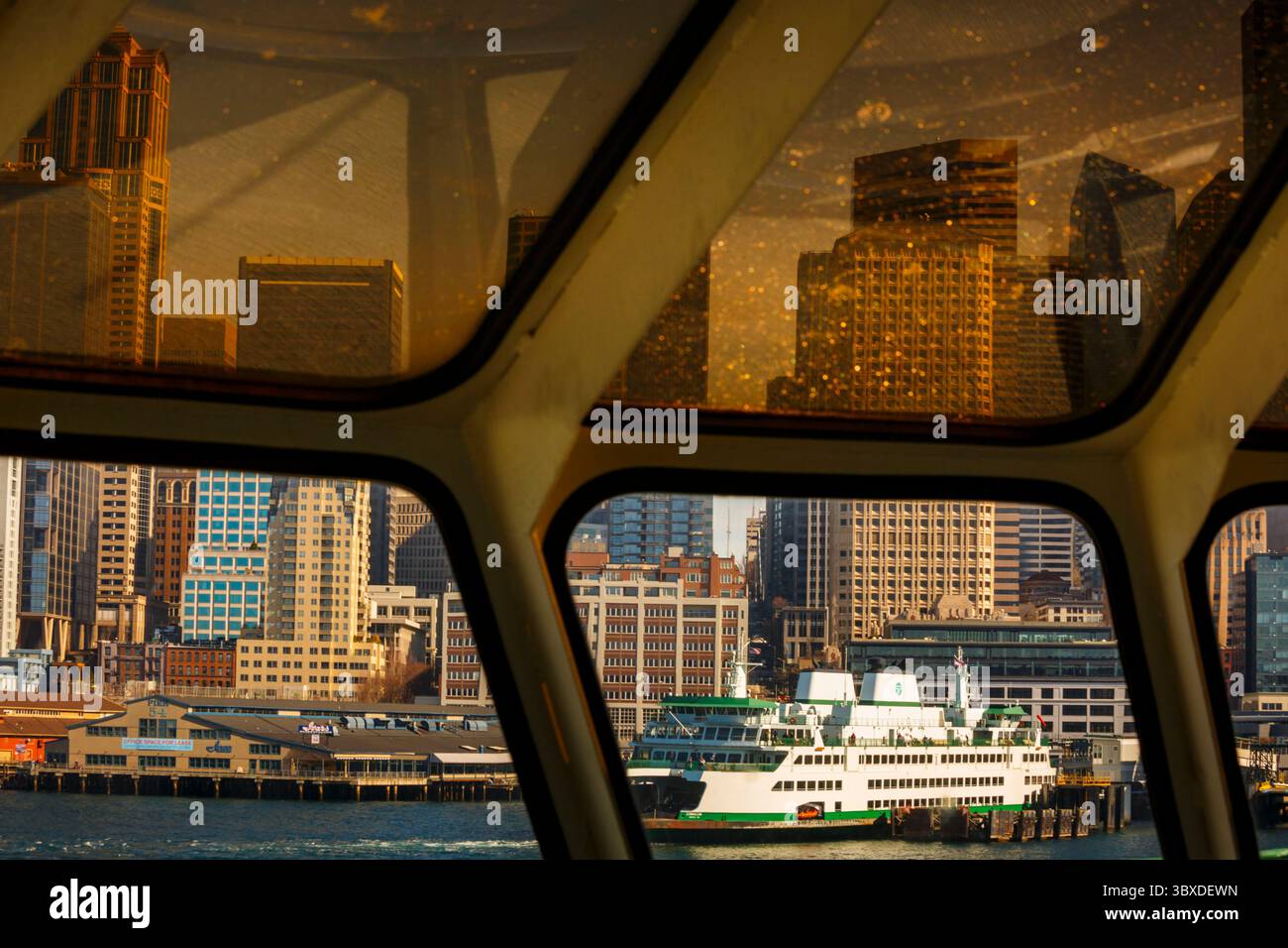 Downtown Seattle views from a Puget Sound ferry window Stock Photo - Alamy