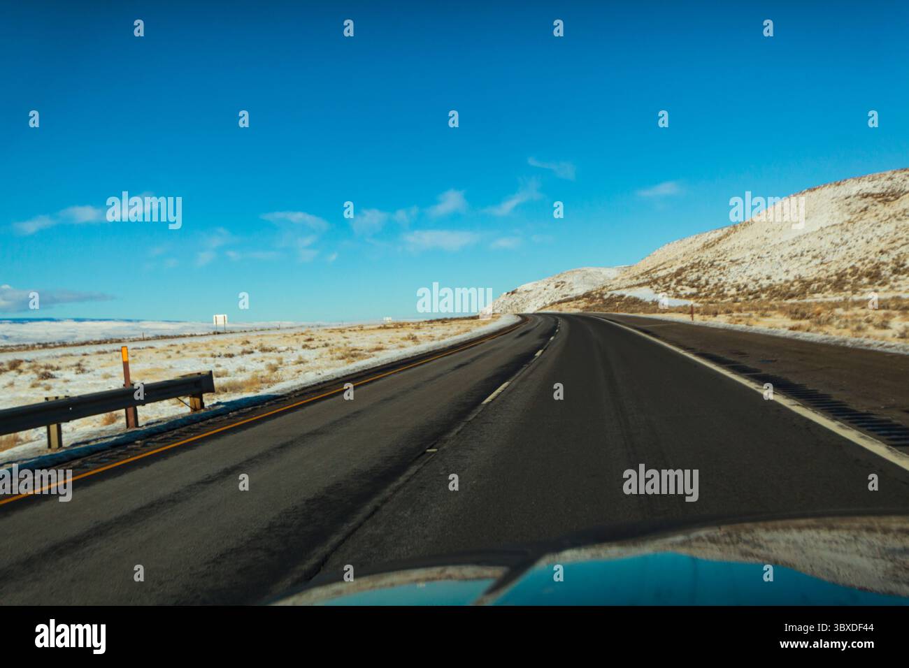 Driver's view of multi-lane highway in winter, Interstate 90 ...