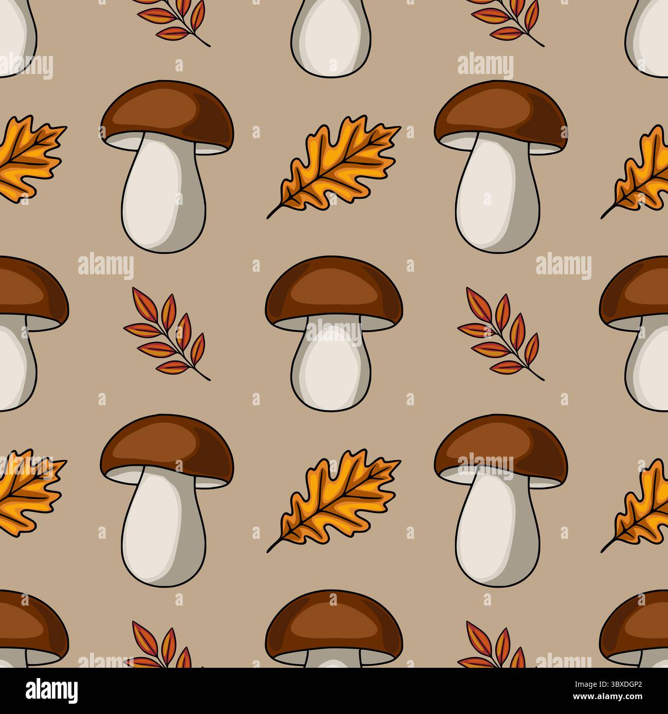 Seamless vector pattern of hand-drawn autumn mushrooms, oak leaves, and ...