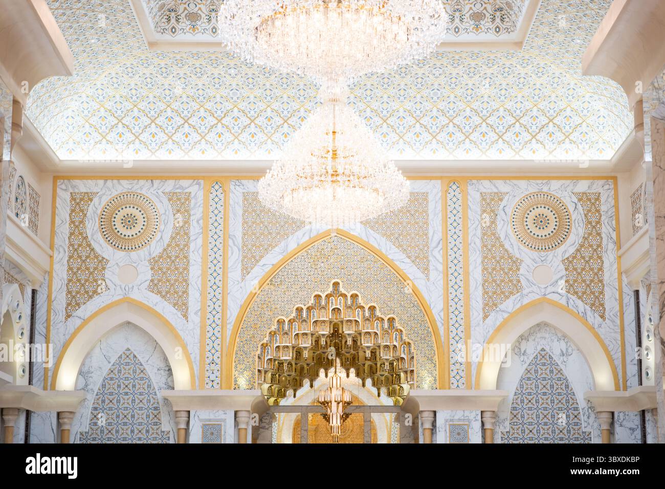 Ornate palace interior with chandeliers, intricate patterns, and arches ...
