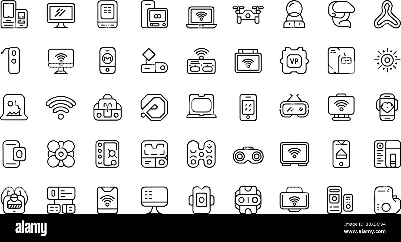 Modern Technology Icons Set: Futuristic Devices, Gadgets, and Connectivity Symbols for Design ...