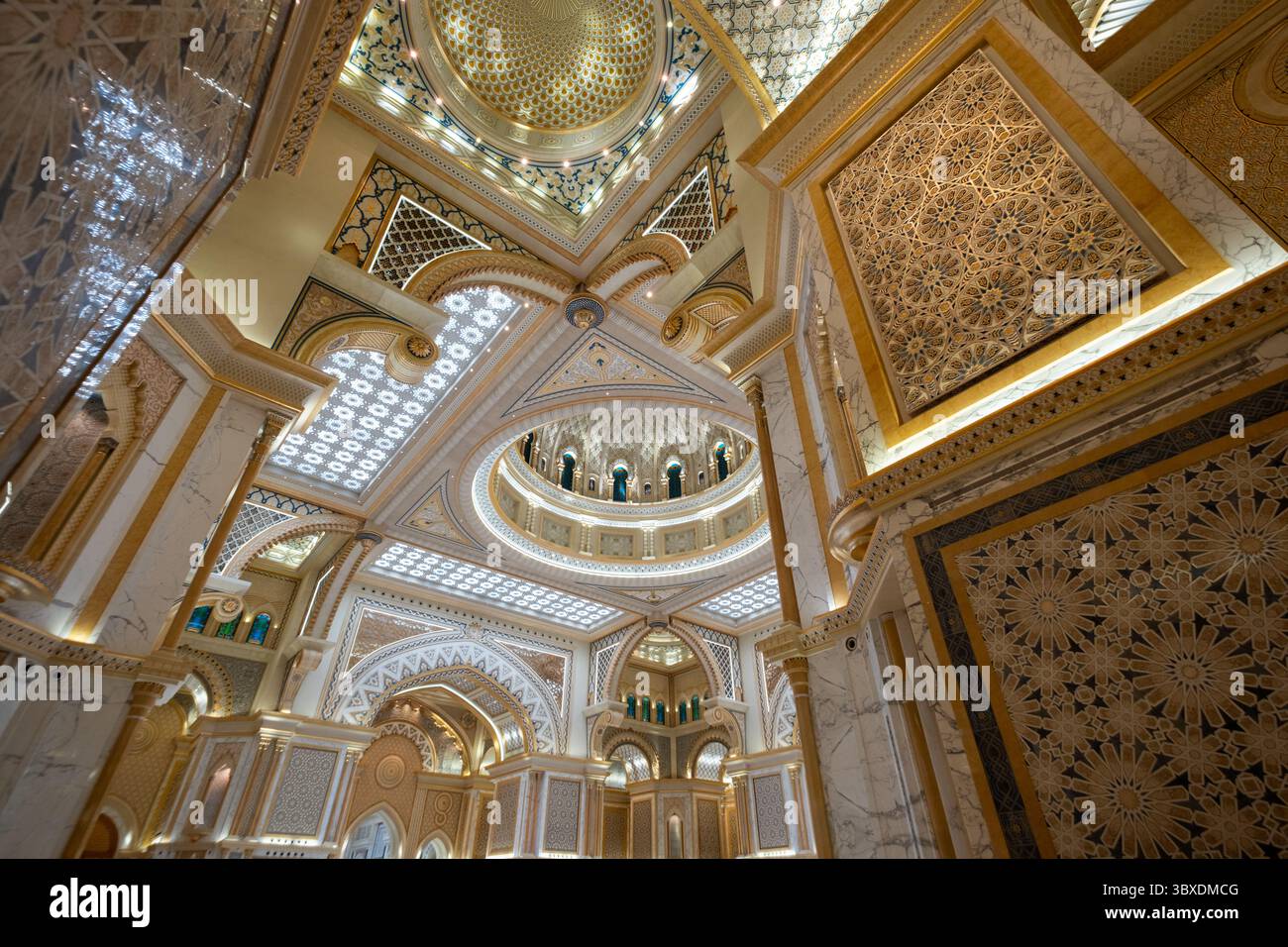 Ornate ballroom interior with intricate geometric patterns, golden ...