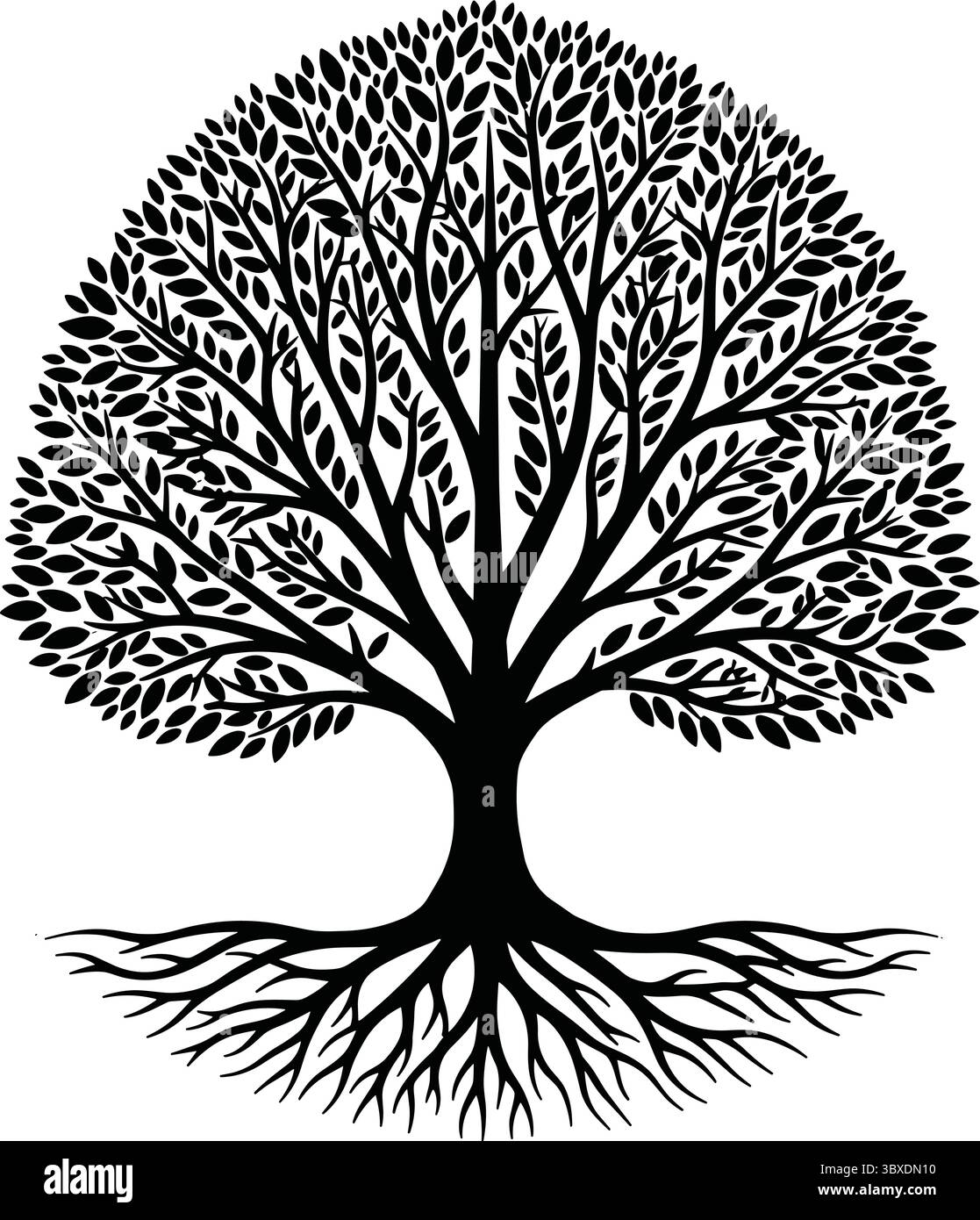 Symmetrical Tree Silhouette with Roots: Black and White Illustration ...