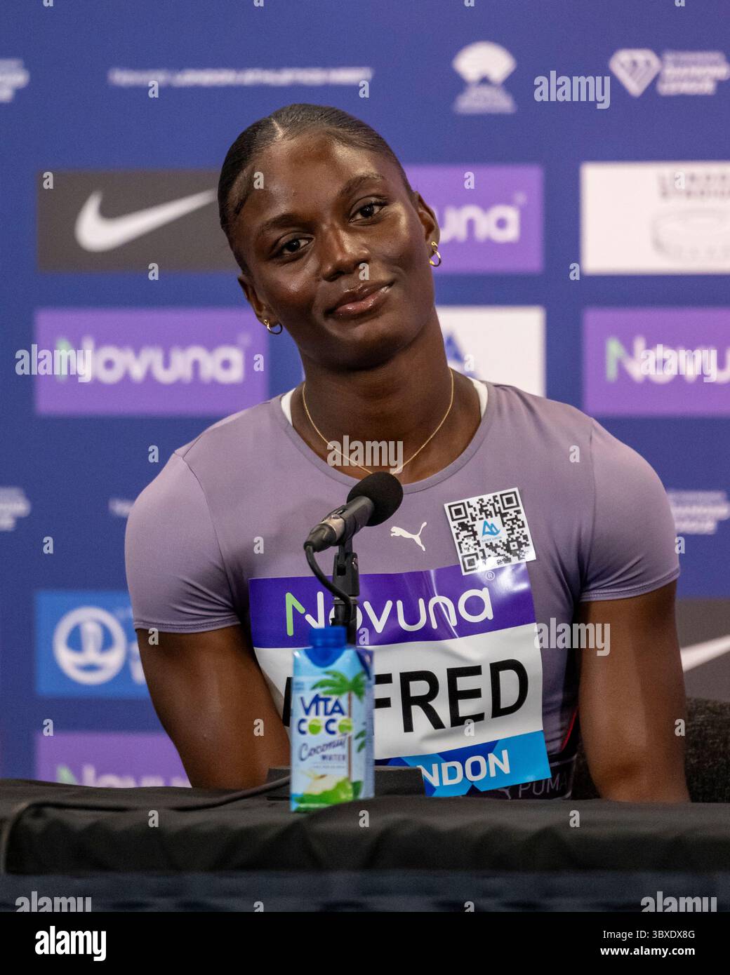 London, UK. 18 July 2025. Julien Alfred, 200M (St Lucia) at a press ...