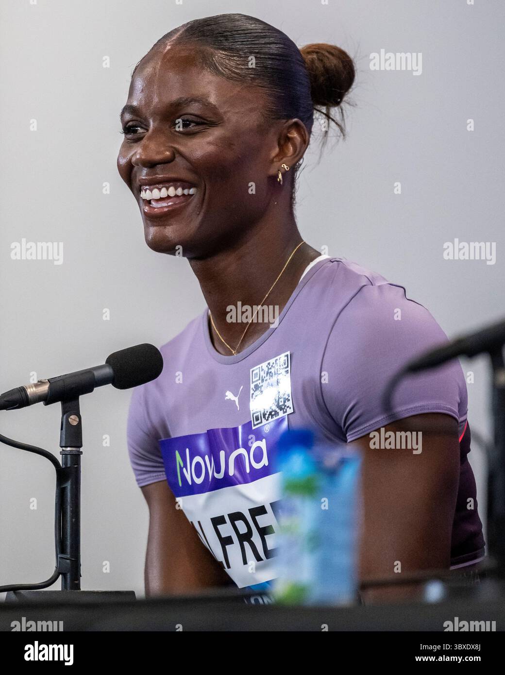 London, UK. 18 July 2025. Julien Alfred, 200M (St Lucia) at a press ...