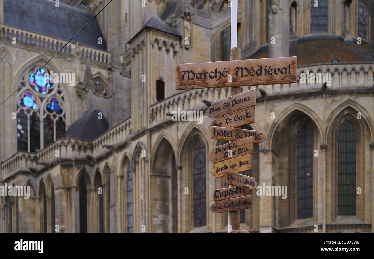 Sign, medieval market, in front of the cathedral Cathedrale Notre-Dame ...