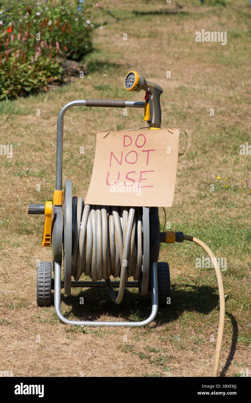 hosepipe ban warning sign, do not use sign, hose reel, water shortage ...