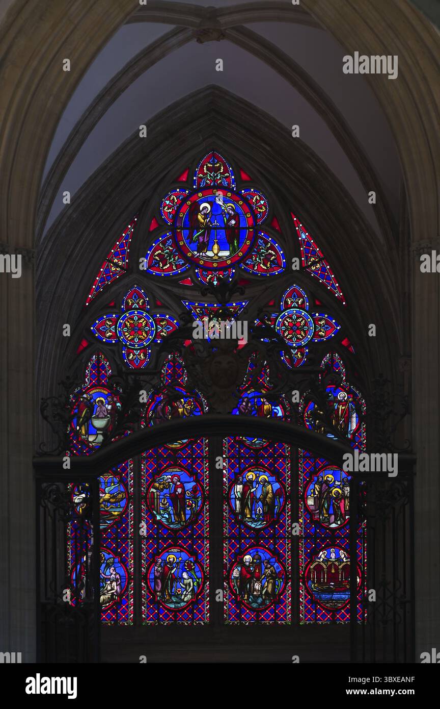 Interior view, stained glass window, coloured church windows, Cathedrale Notre-Dame de Bayeux ...