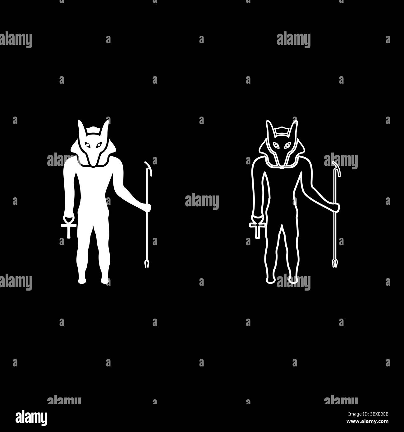 Anubis deity with jackal head ancient Egyptian god holds staff and anch ...