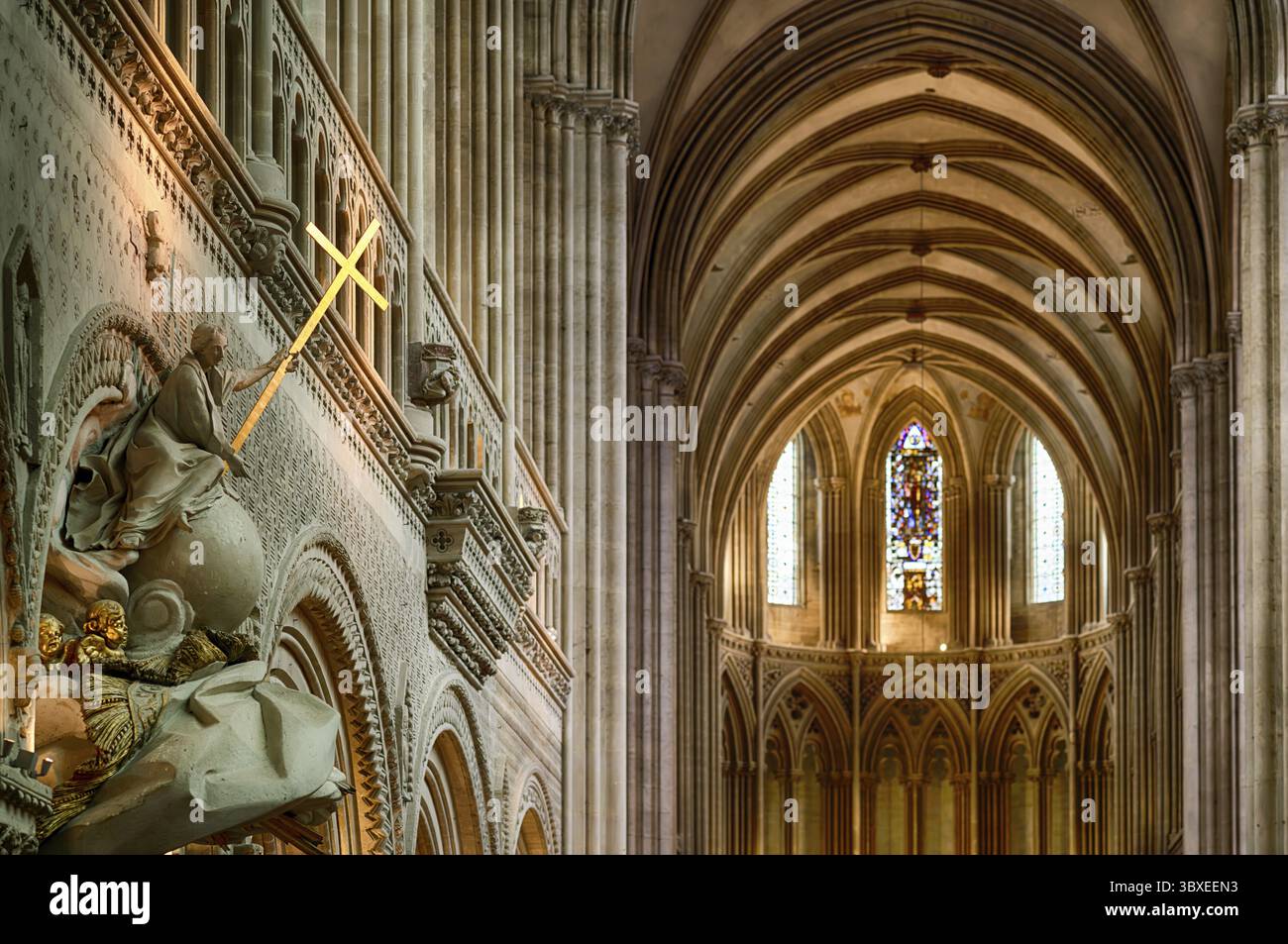 Interior view, angel on pulpit, holding a shining golden sword, Cathedrale Notre-Dame de Bayeux ...