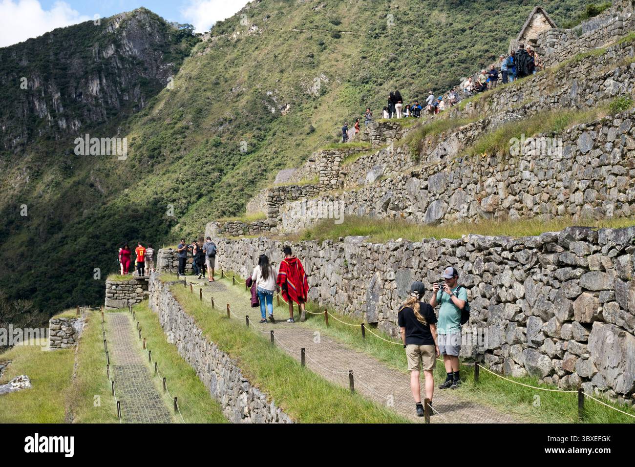 Tourists walk on agricultural terraces at Machu Picchu, the 15th ...