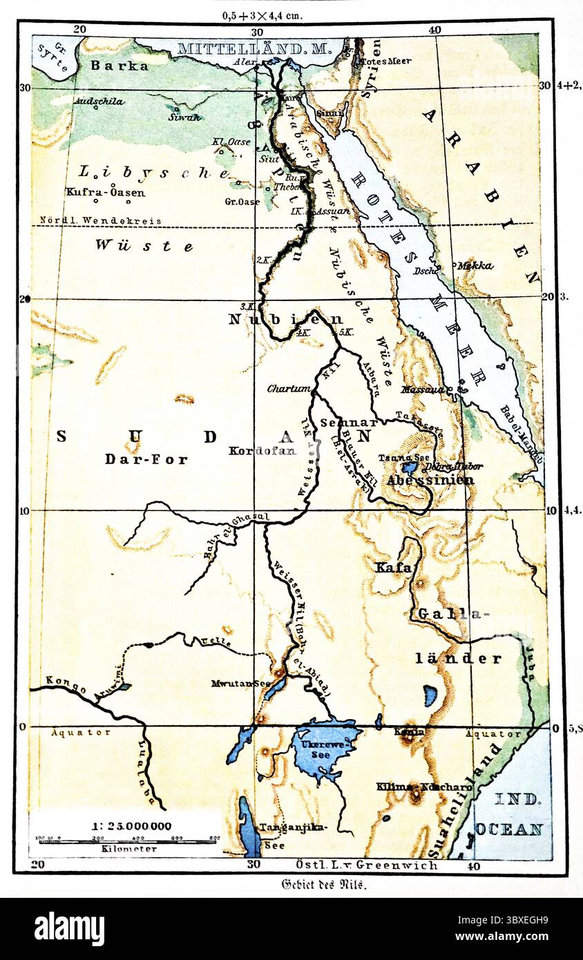 The Nile, historical geographical map, topography, latitude and ...