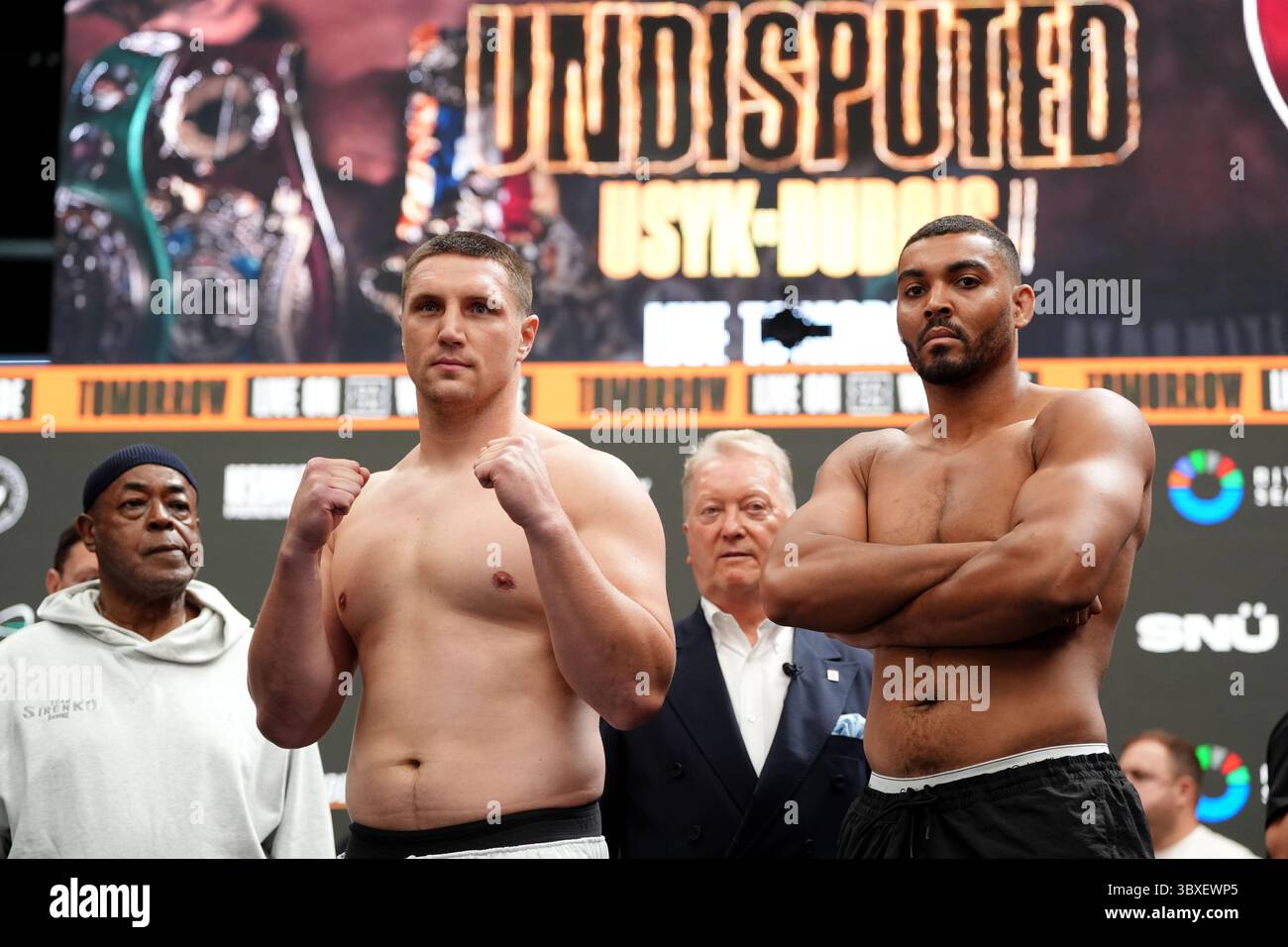 Solomon Dacres (right) and Vladyslav Sirenko (left) during the weigh-in at BOXPARK Wembley ...