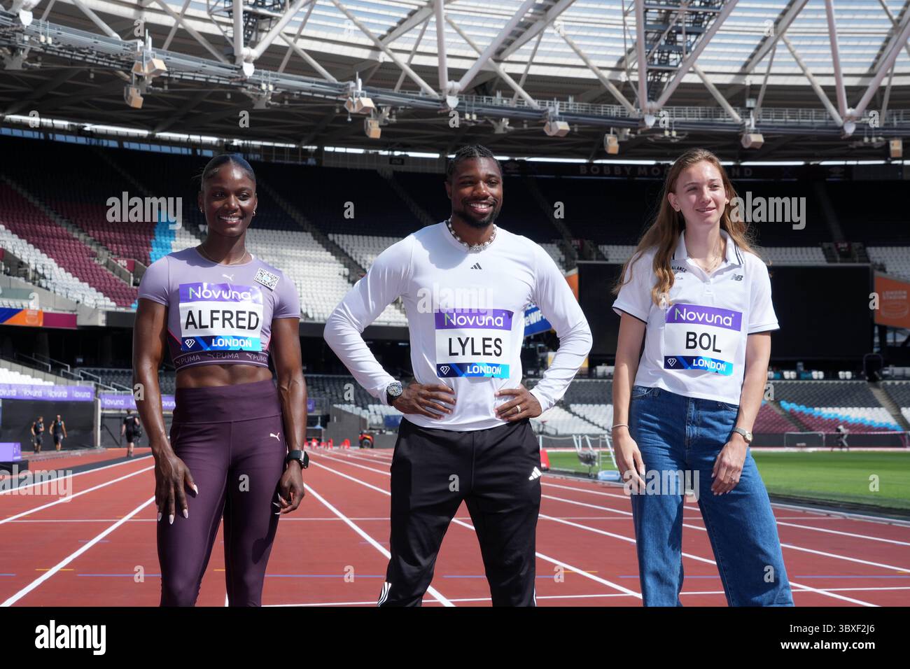 Julien Alfred (LCA), Noah Lyles (USA) and Femke Bol (NED) pose during ...
