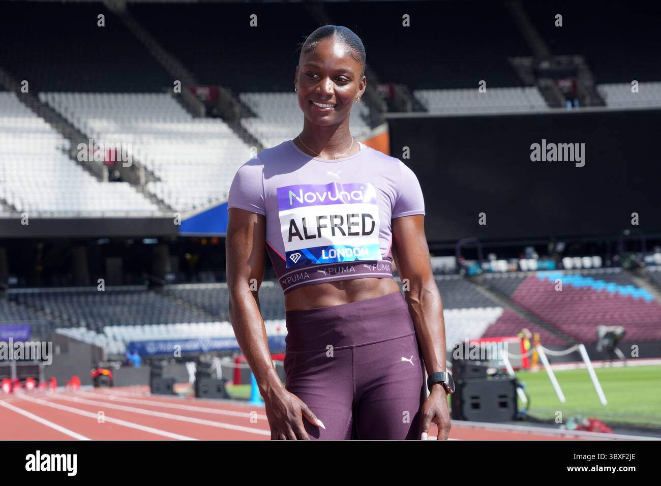 Julien Alfred (LCA) poses during London Athletics Meet press conference ...