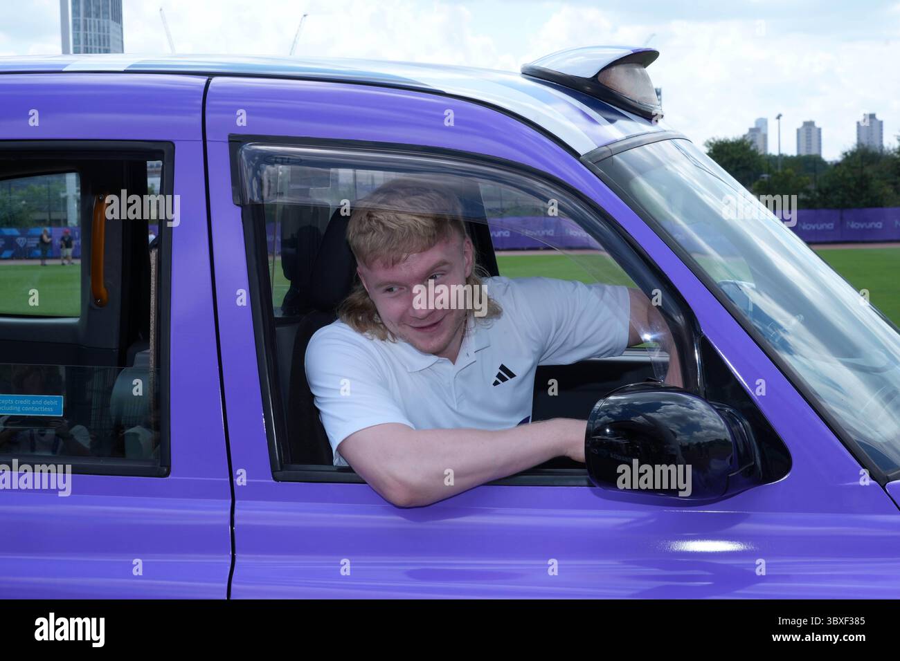 Zak Skinner (GBR) poses in taxi during London Athletics Meet press ...