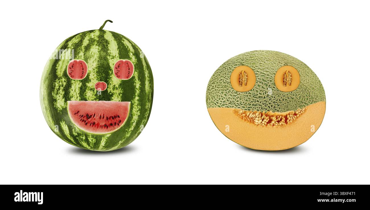 Smile emoticons carved out in watermelon and melon, isolated on white ...