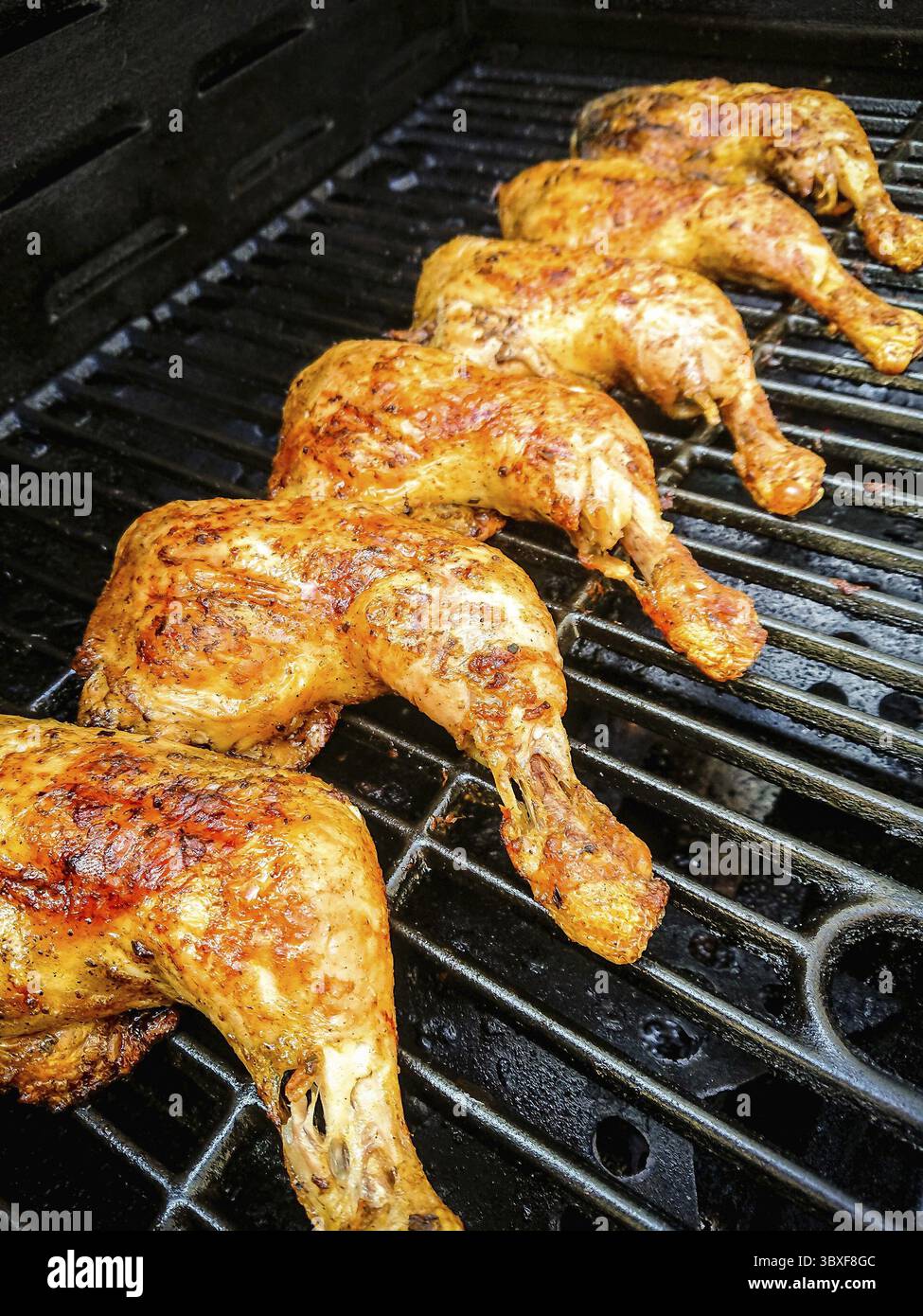 Six golden chicken legs on the grill, top view Stock Photo - Alamy