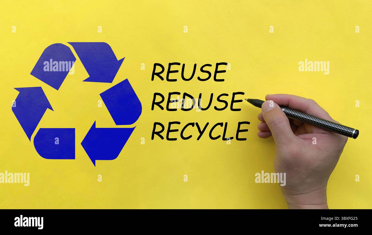 Hand writing reuse, reduce and recycle text on yellow background with ...