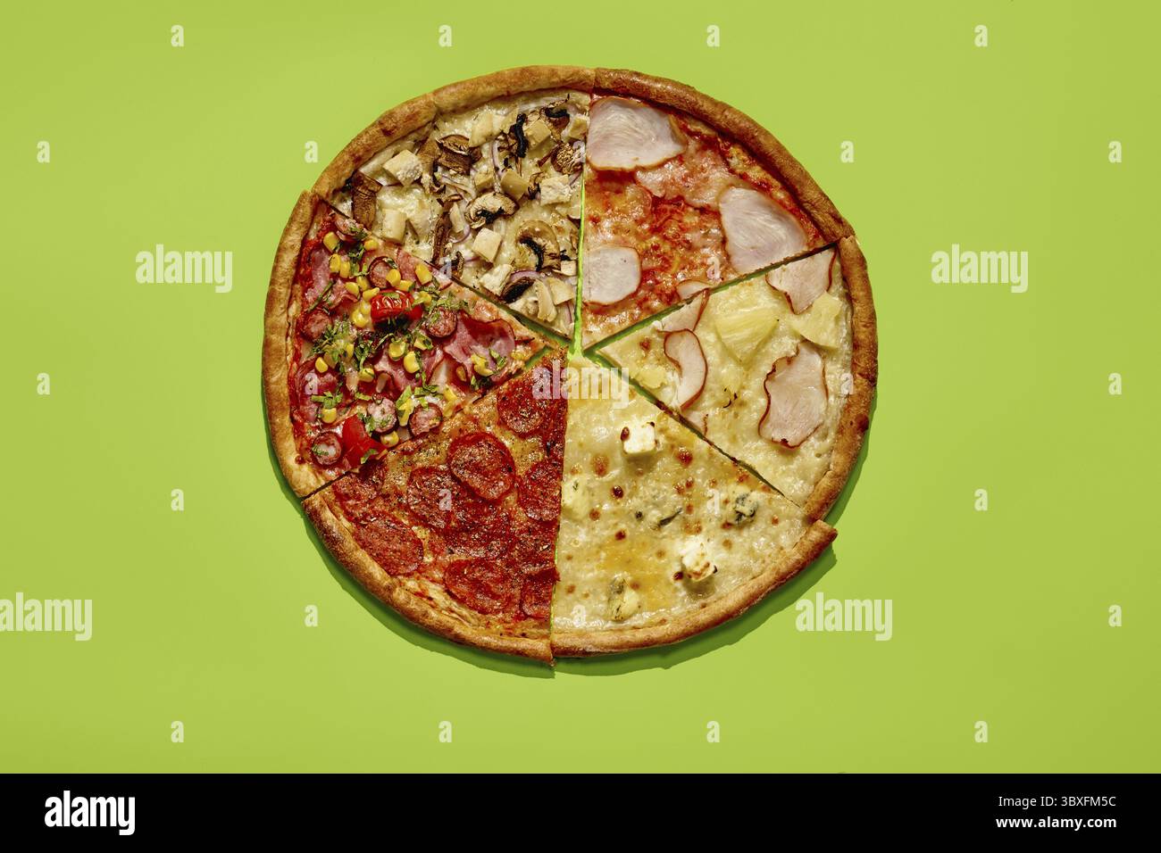 Round pizza cut into six slices showing different toppings on vibrant ...