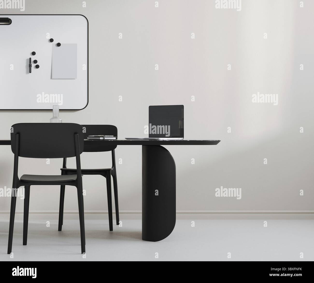 Office meeting room with conference table, whiteboard on wall, laptop ...