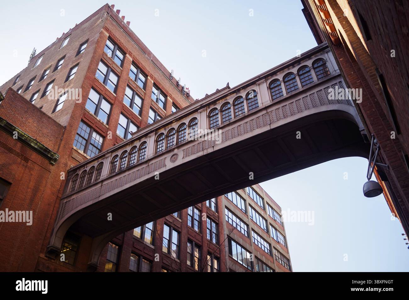 Chelsea market overhead walkway viewed from below along the High Line ...