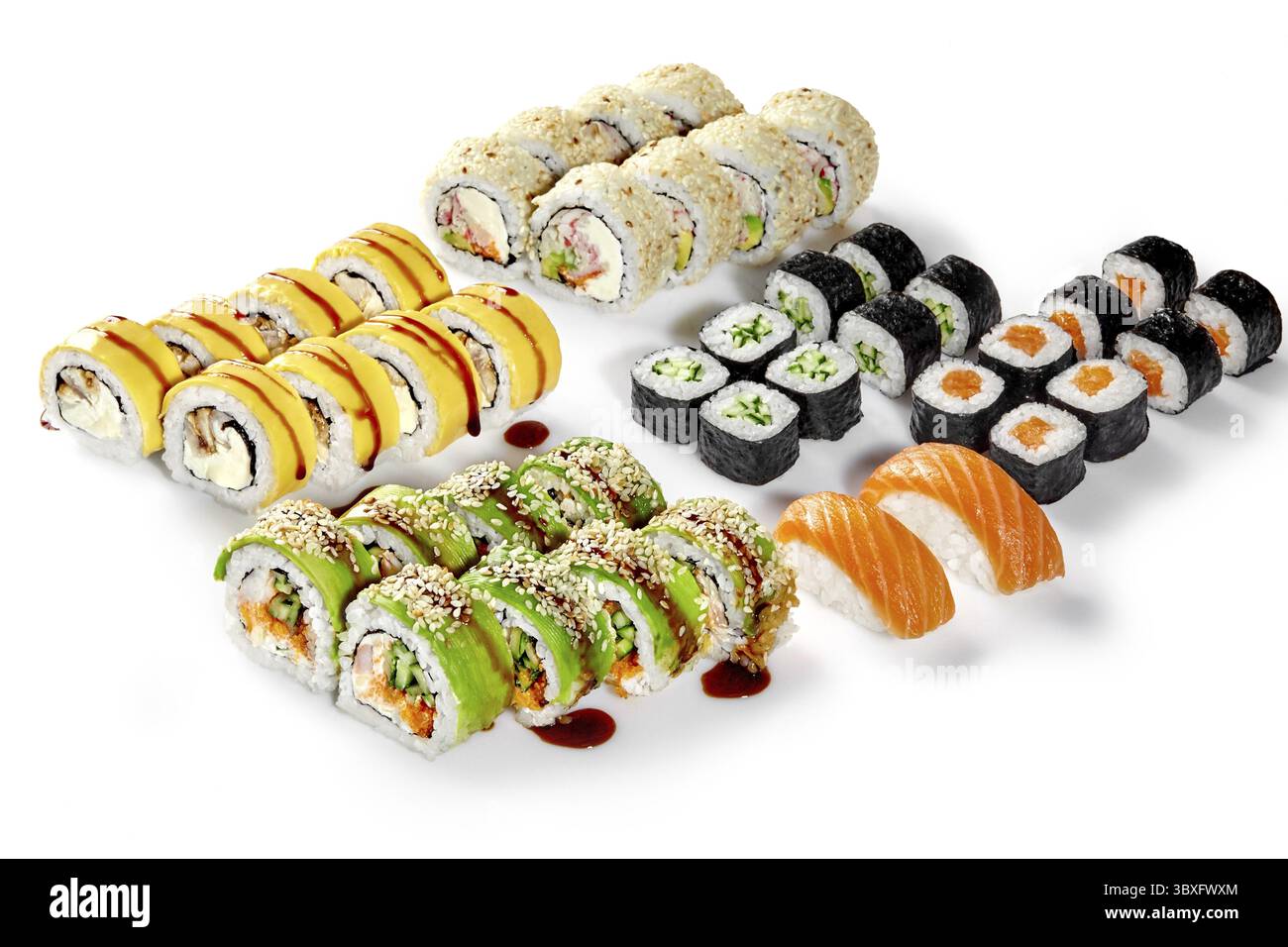 Fresh and colorful sushi assortment presenting different types of rolls ...