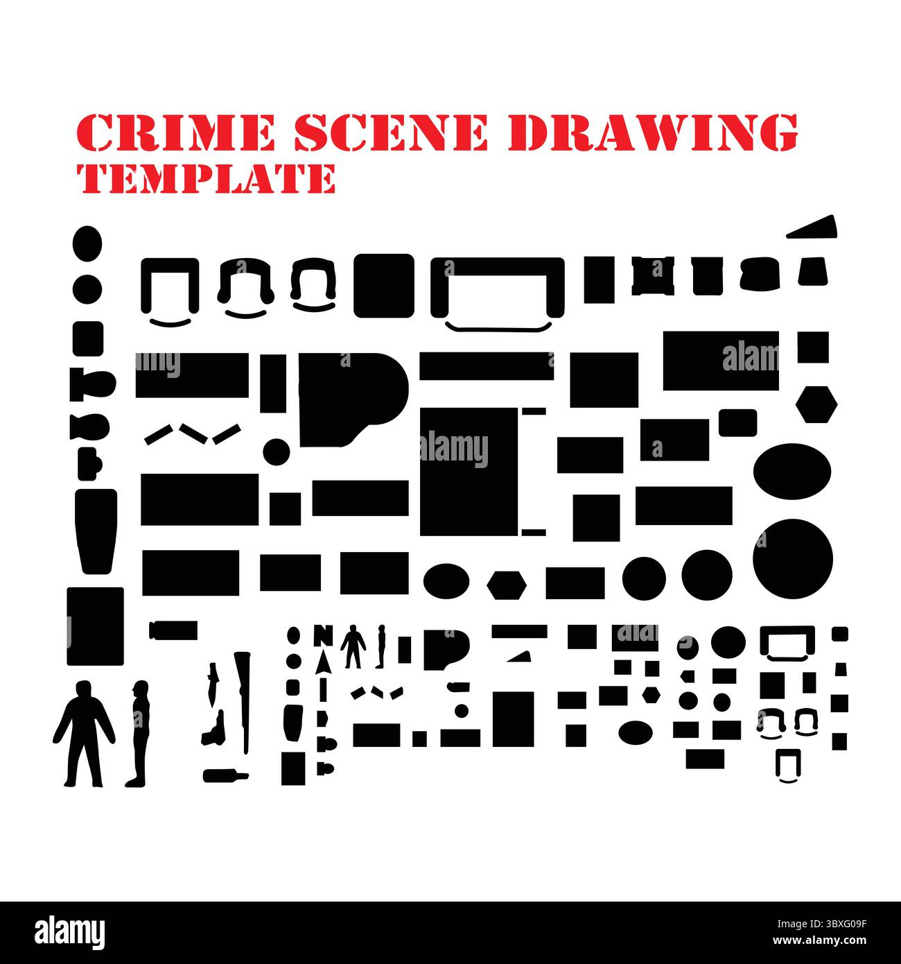 Crime Scene Drawing Template Black silhouette illustration on white ...
