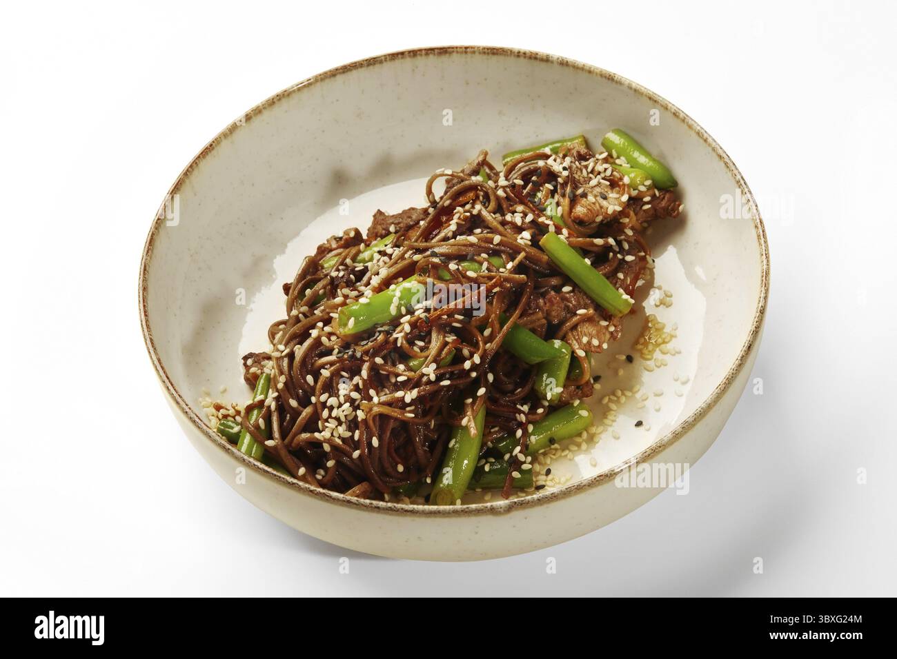 Savory soba noodle dish with fried tender beef strips, crunchy green ...
