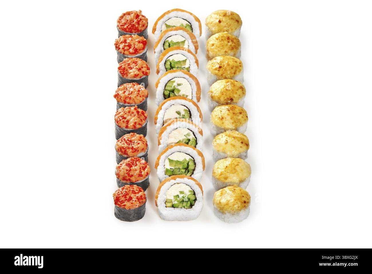 Three lines of sushi rolls with different toppings creating a colorful ...