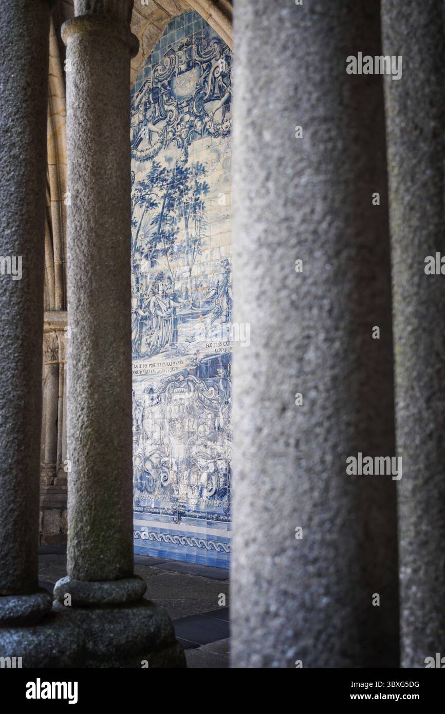 Traditional azulejos of the Se Cathedral of Porto seen through the ...