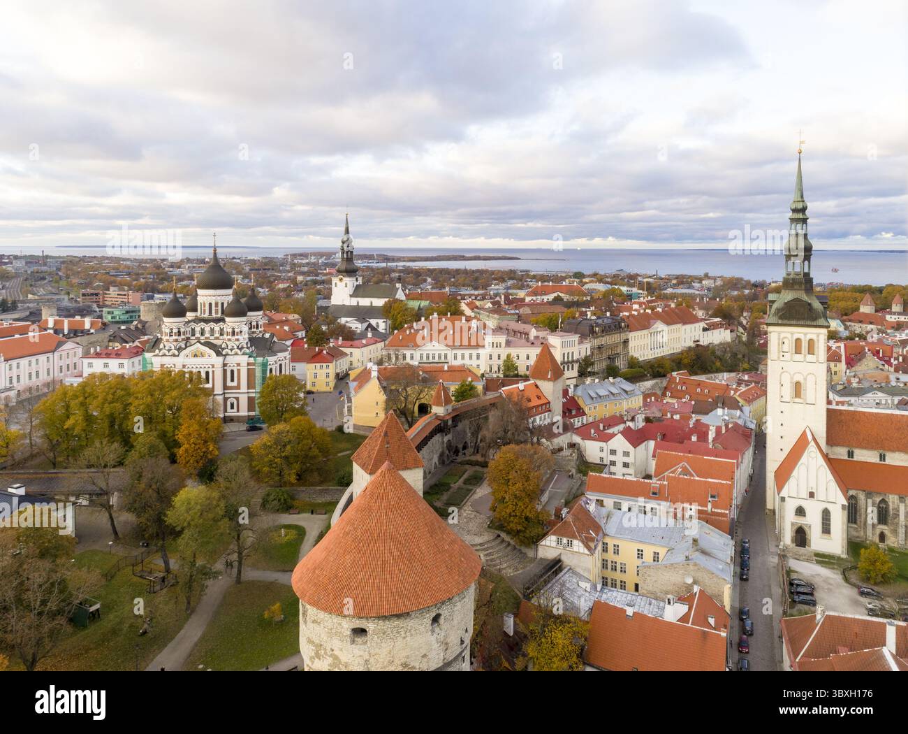 Aerial view of the majestic Alexander Nevsky Cathedral and the spire of ...