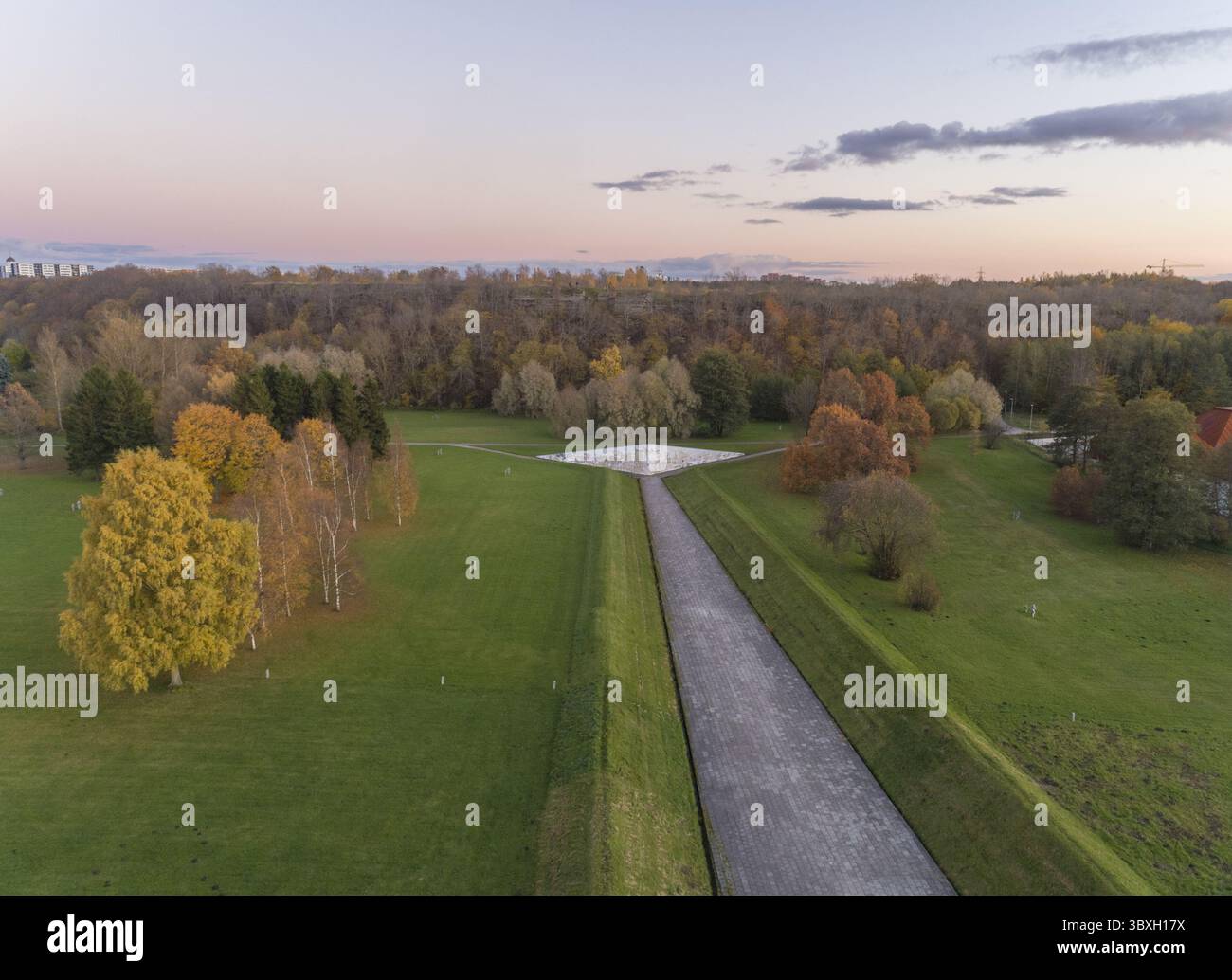 Aerial view of a long, straight pathway cutting through vibrant green ...
