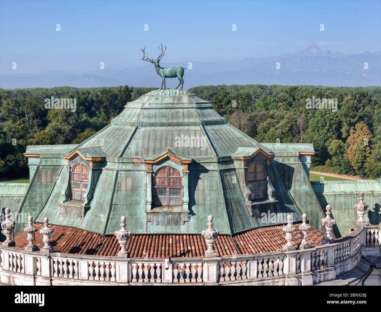 Aerial view of the copper-green roof of Palazzina di Caccia di ...