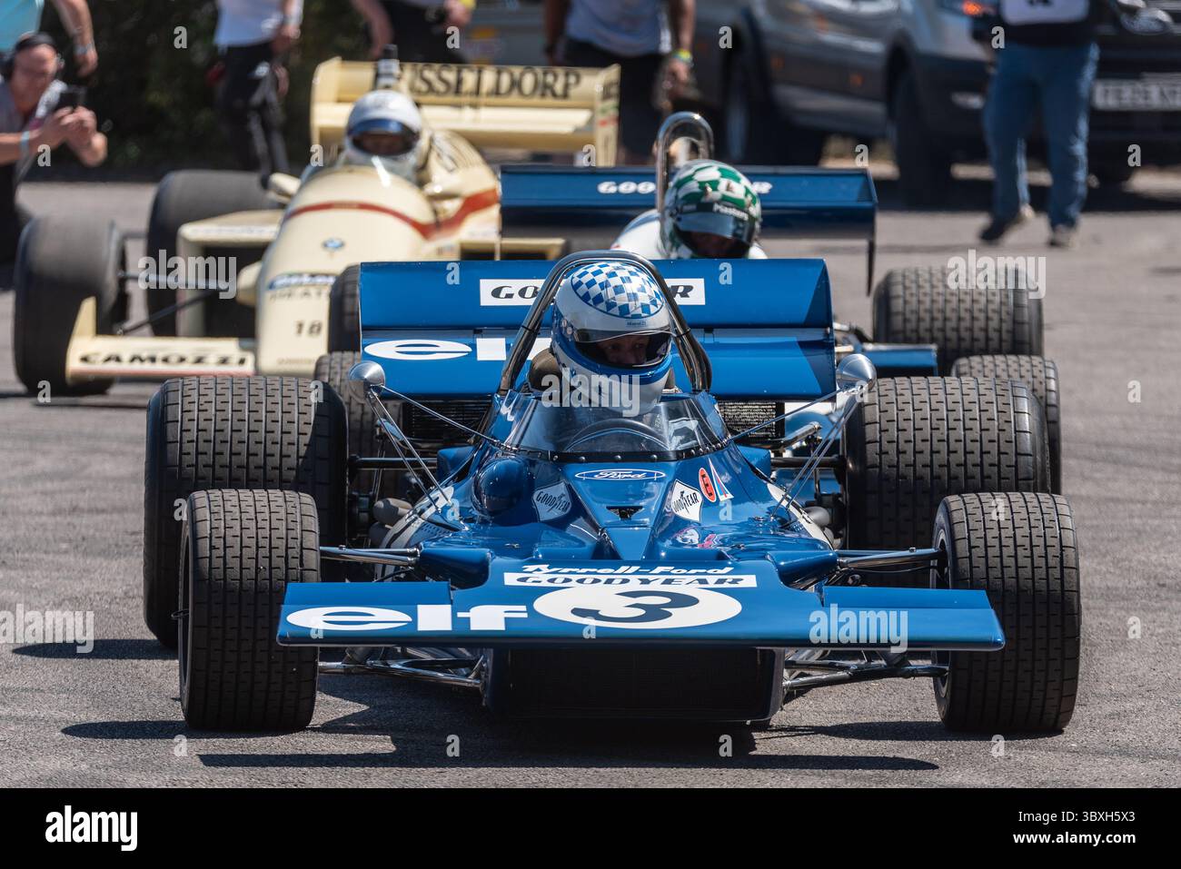 Tyrrell 001 Formula 1 racing car before driving up the hillclimb track ...