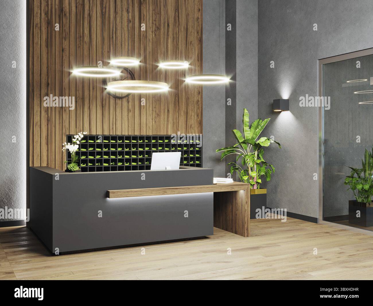 Modern hall interior with reception desk in fitness center with wood ...