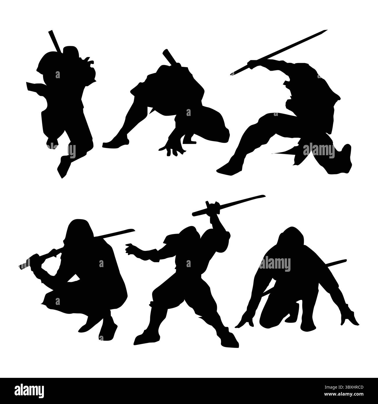Japanese Ninja Holding Katana Silhouette Action Pose Vector white background Vol 05 Stock Vector ...