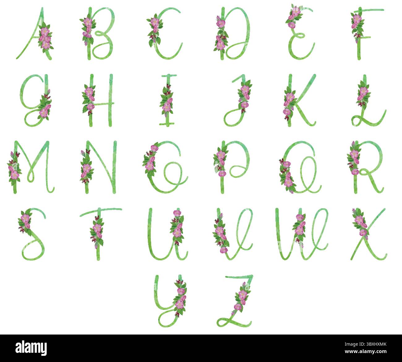 Alphabet, floral set letters with watercolor painting flowers roses and ...