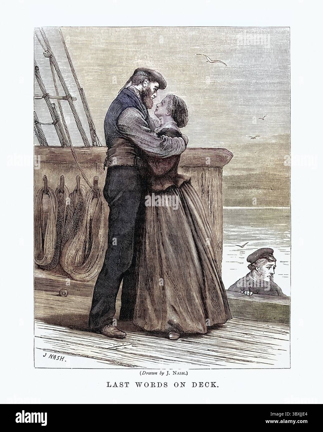 Vintage illustration of Wife of a sailor saying goodbye to her husband ...