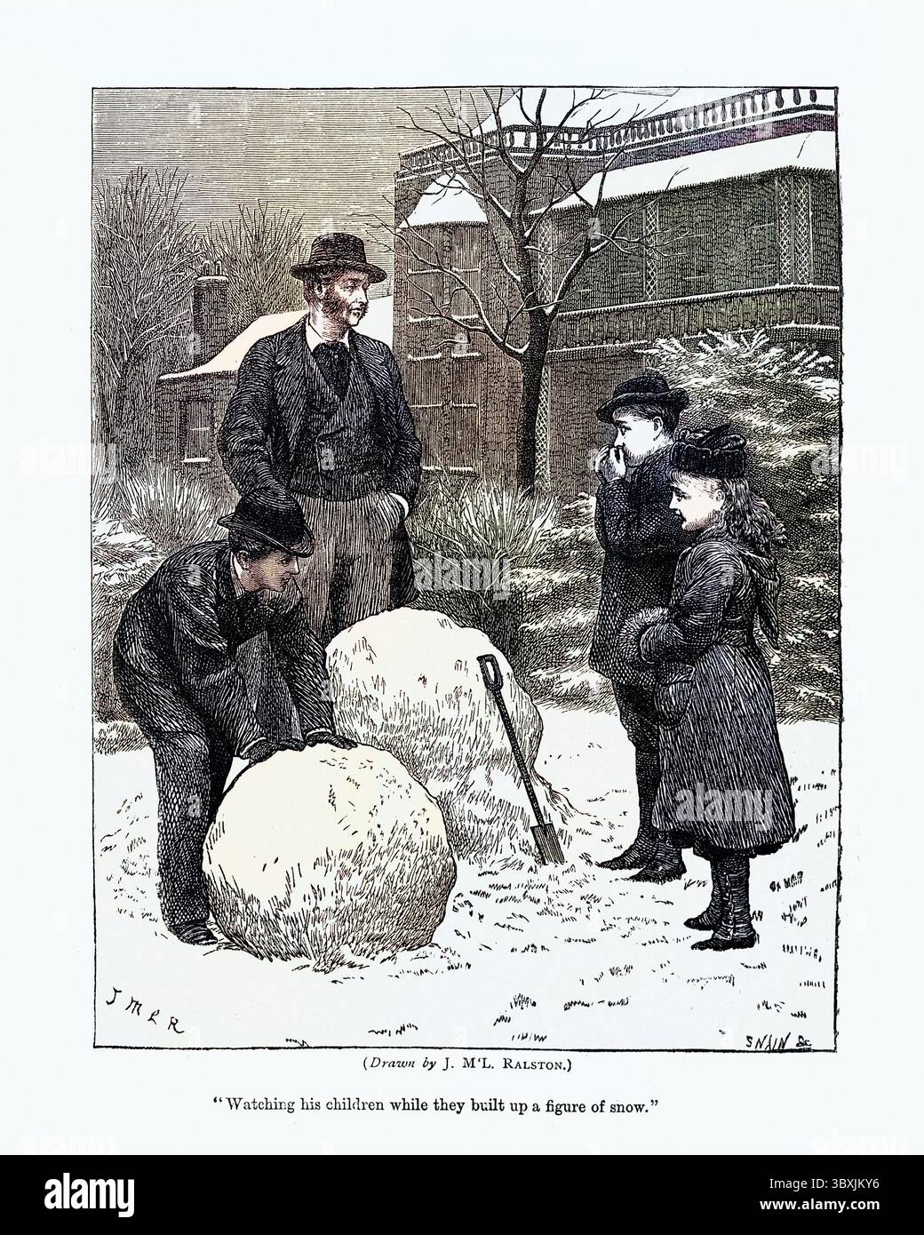 Vintage illustration Father making a snowman with his children ...