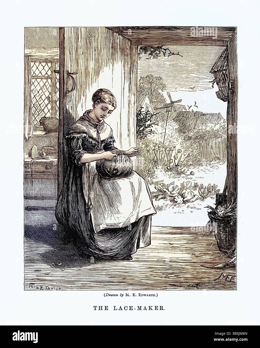 Vintage illustration of Lace-maker, Woman making lace in doorway of her ...