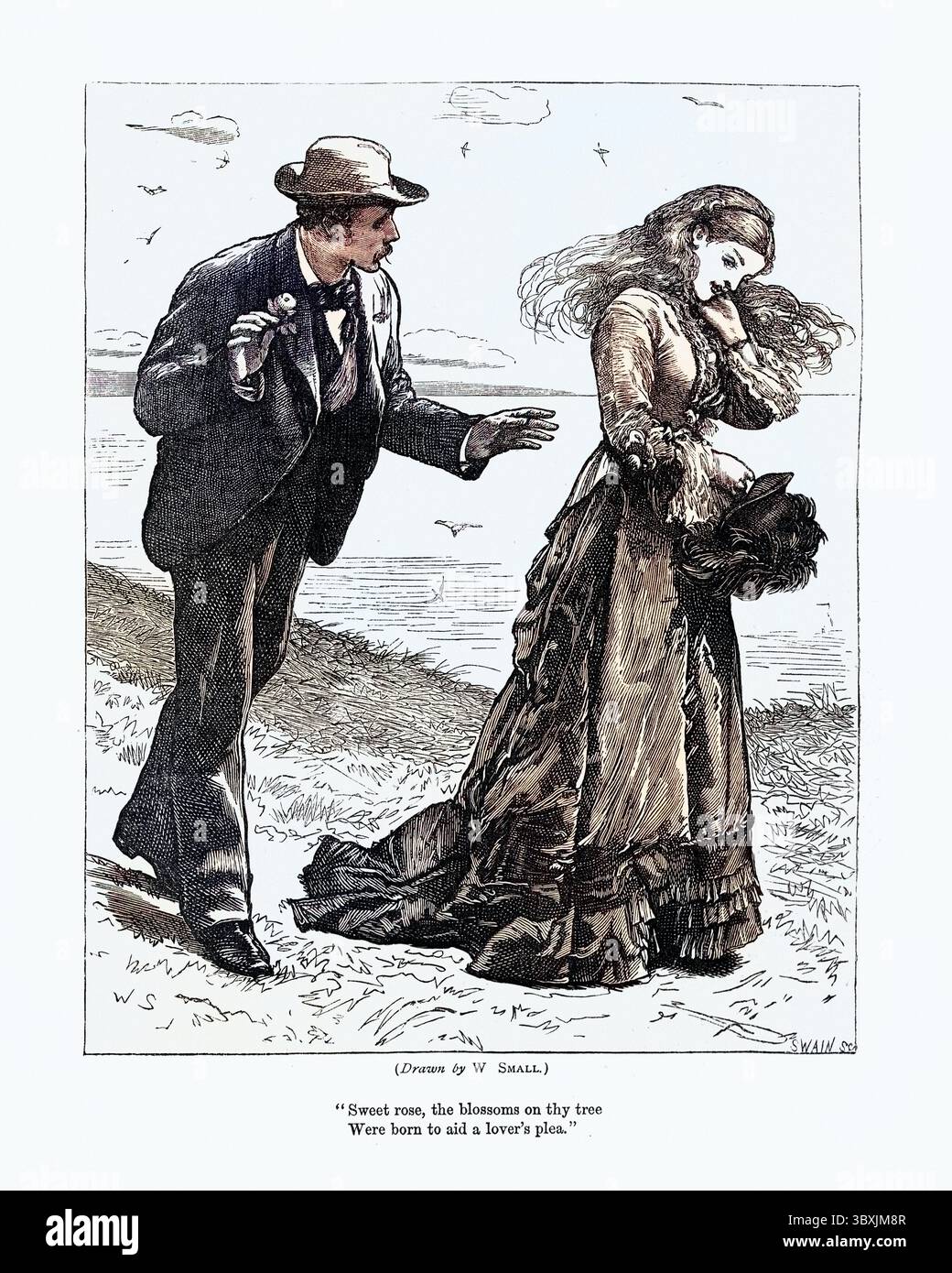 Vintage illustration of Young couple in love walking by the coast ...