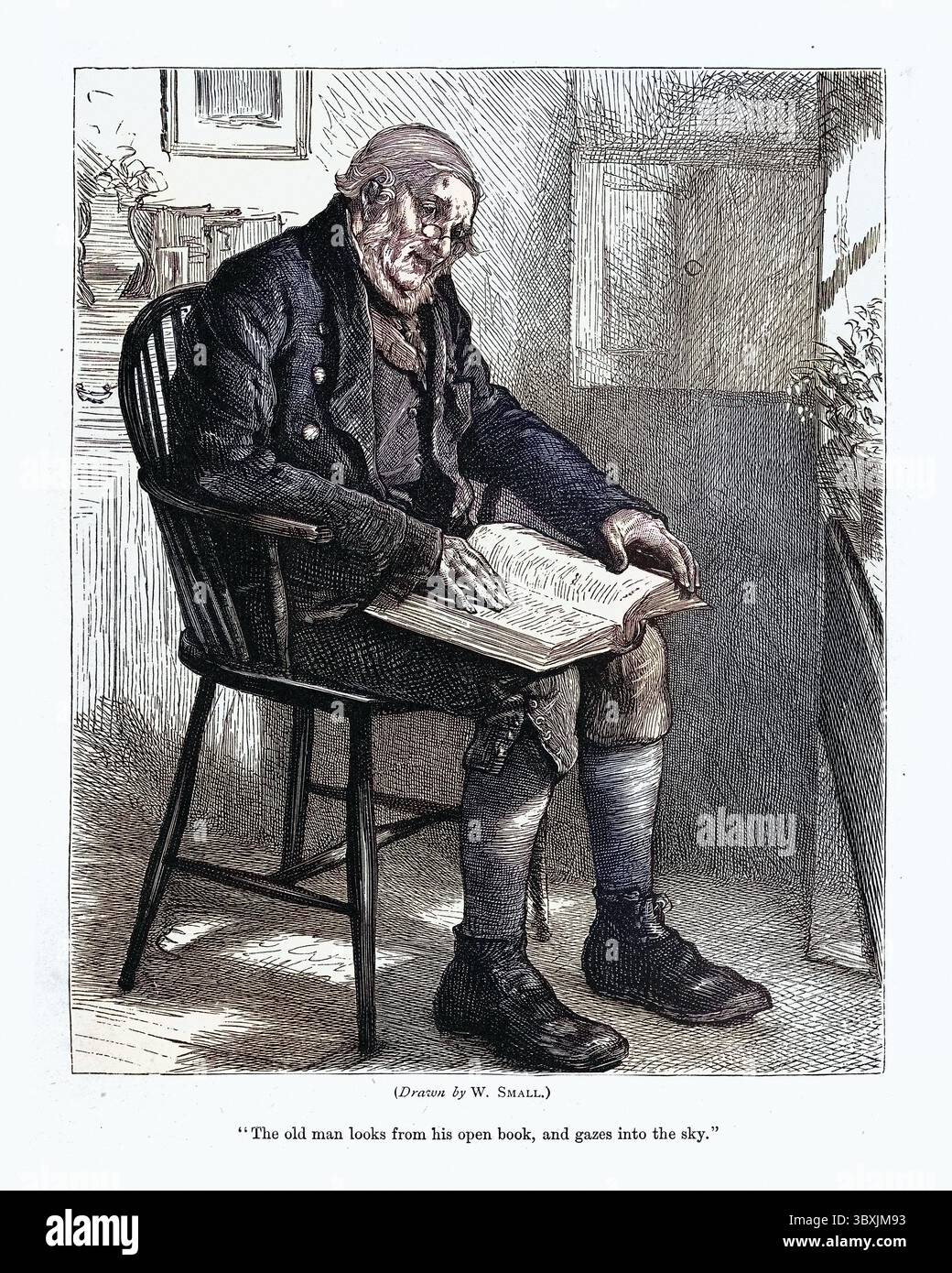 Vintage illustration of Old man reading a book, Victorian 1870s, 19th ...
