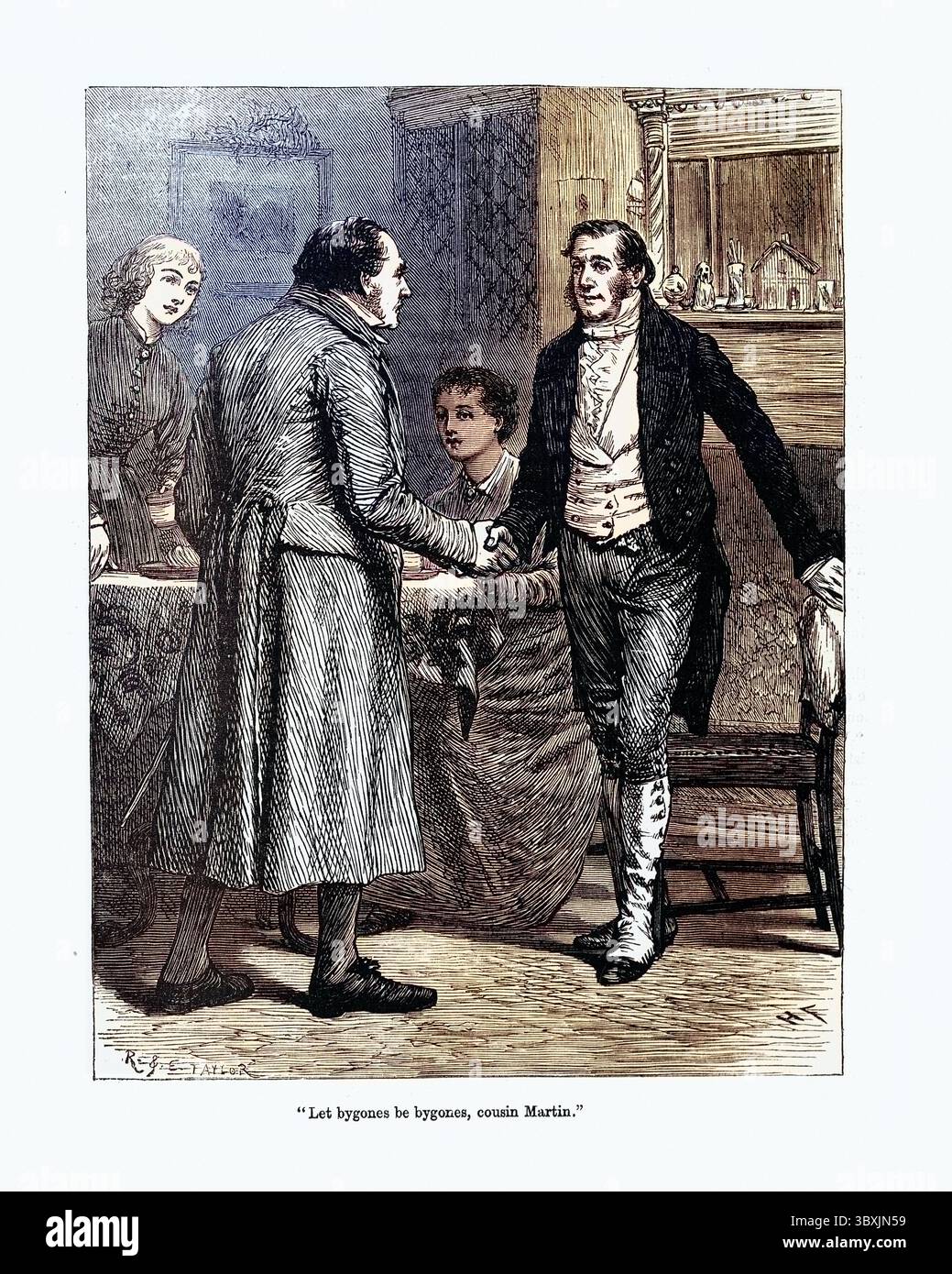 Vintage illustration of Two men shaking hands after argument, Let ...