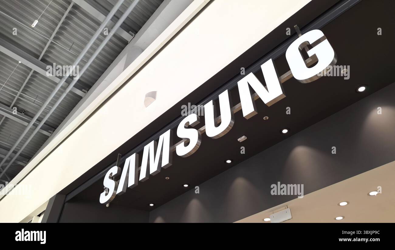 Moscow, Russia - April 26, 2025.Samsung storefront signage in modern ...