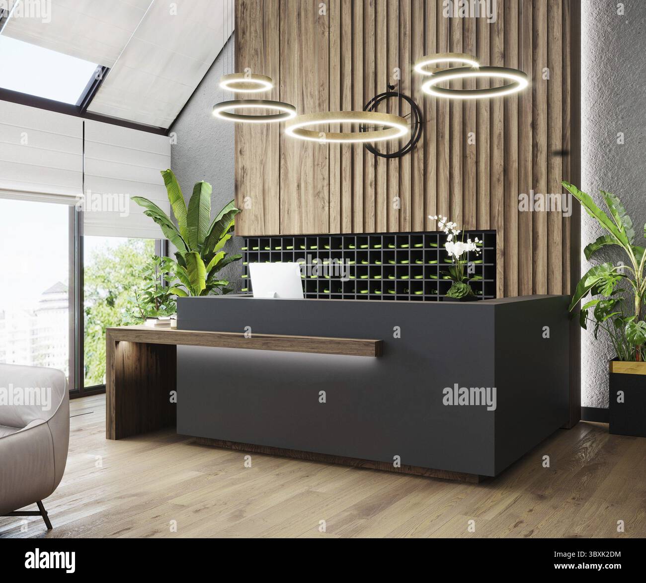 Modern hall interior with reception desk in fitness center with wood ...