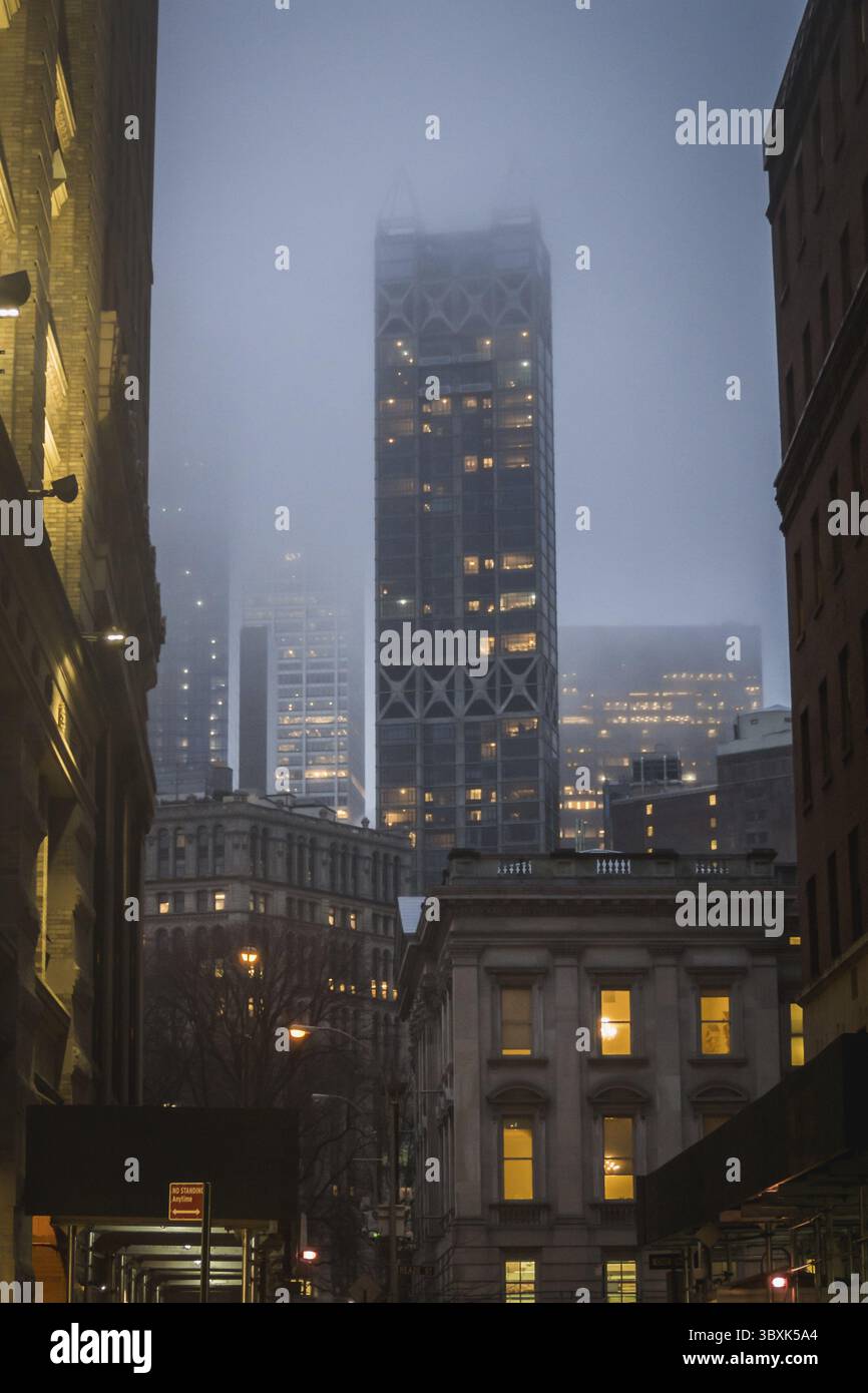 Classic night view from downtown Manhattan streets in New York in the ...