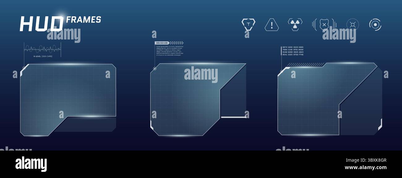 Cyberpunk dashboard with white and blue HUD panels, UI buttons and ...