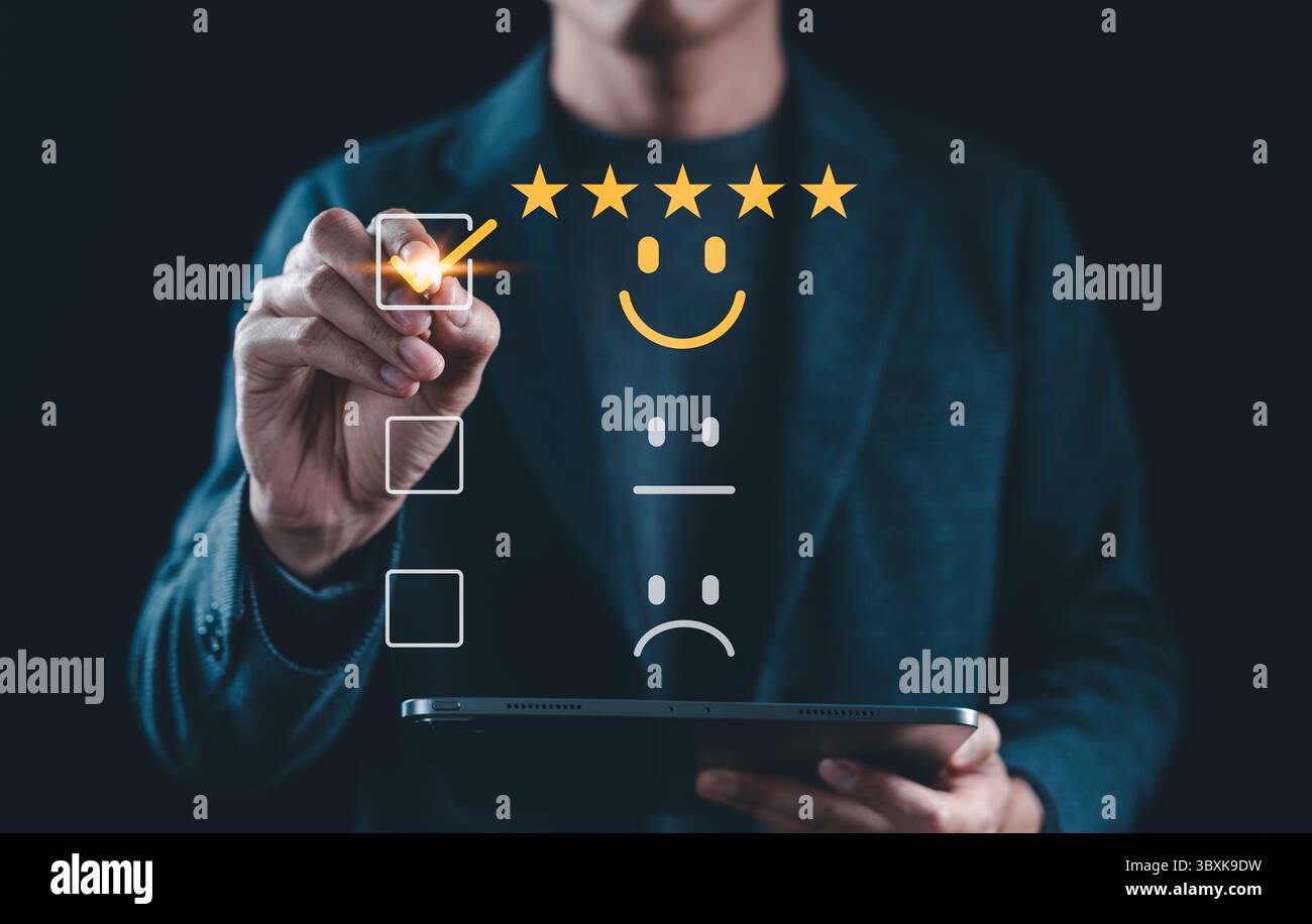 Customer satisfaction survey with five star rating and feedback. Person ...