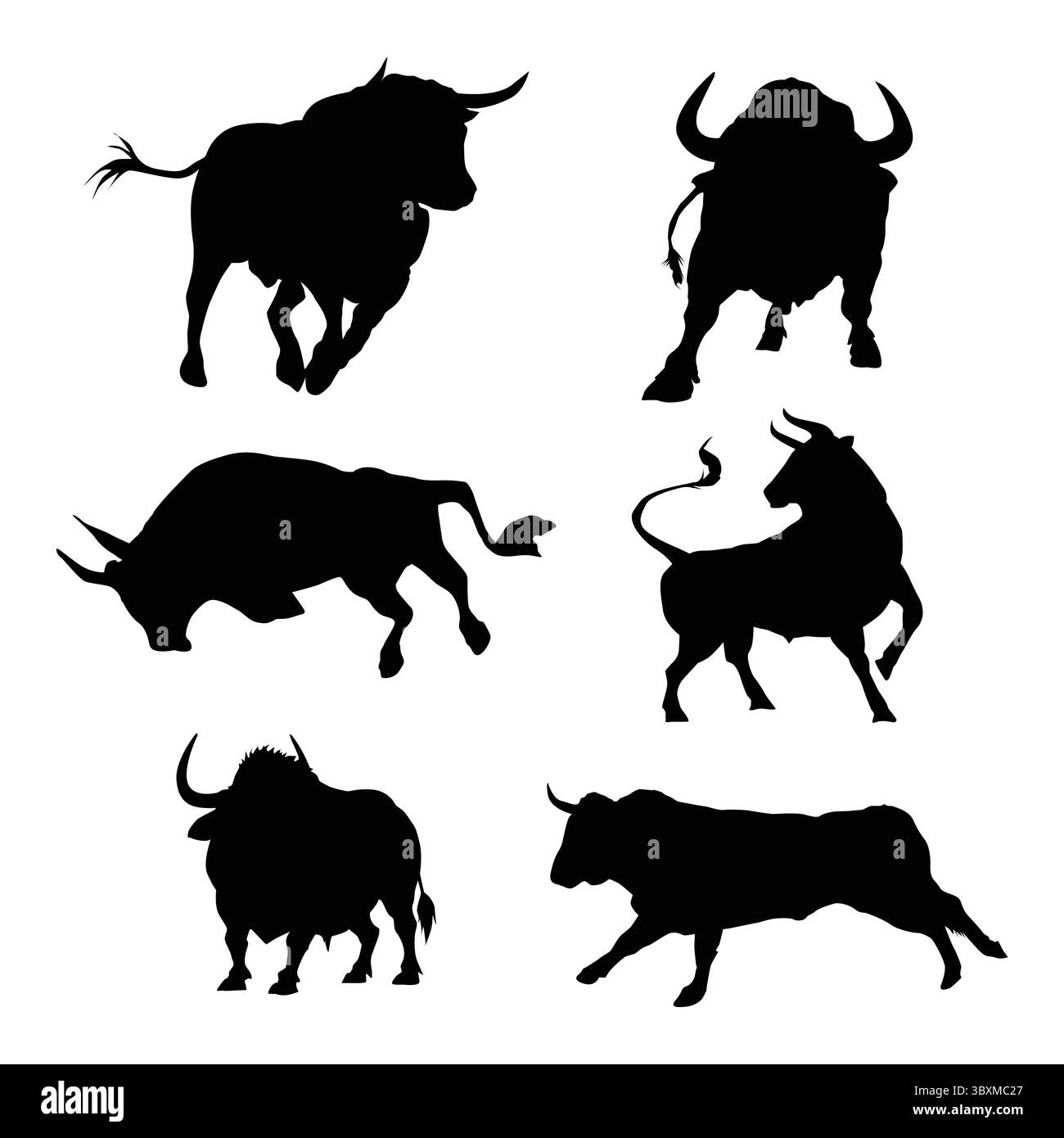 Set of Bull. cattle black silhouettes illustration on white background ...